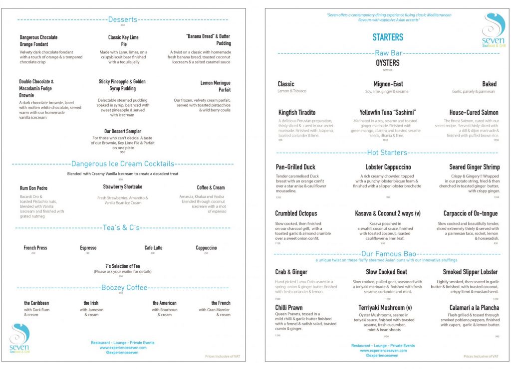 Menus | Experience Seven Steakhouse & Seafood Restaurant