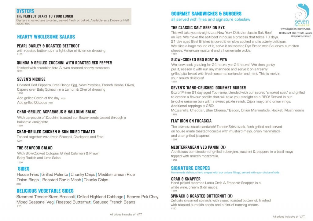Menus | Experience Seven Steakhouse & Seafood Restaurant